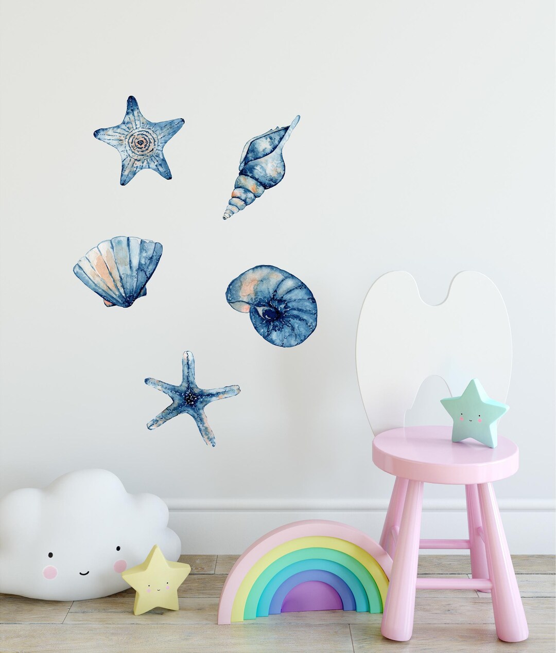 Watercolor Navy Blue Seashells & Starfish Wall Decal Ocean Sea Life ...
