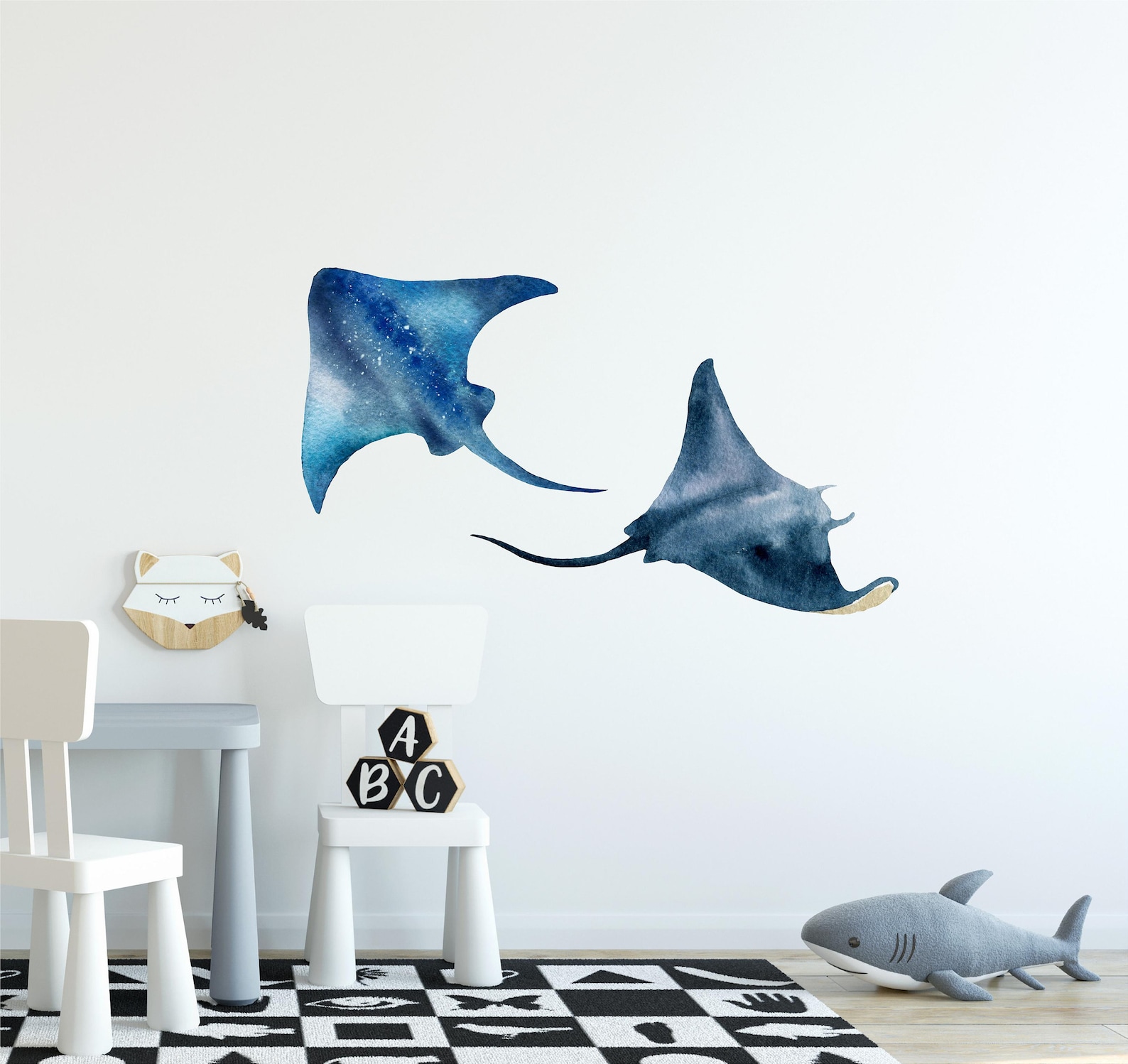 Watercolor Navy Blue Stingrays Wall Decal Set of 2 Ocean Sea Life ...