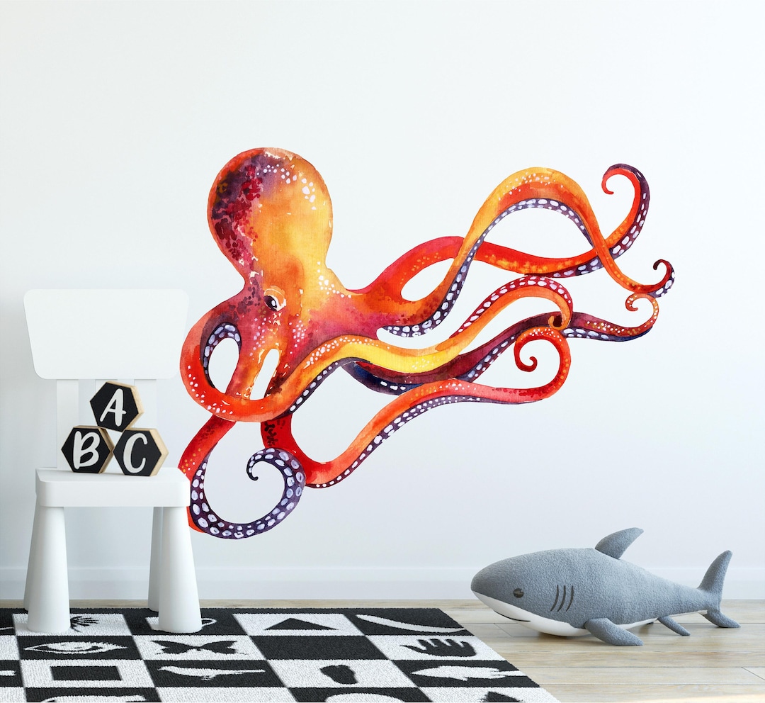 Red Octopus Wall Decal Peel and Stick Fabric Wall Sticker Sea Animal ...