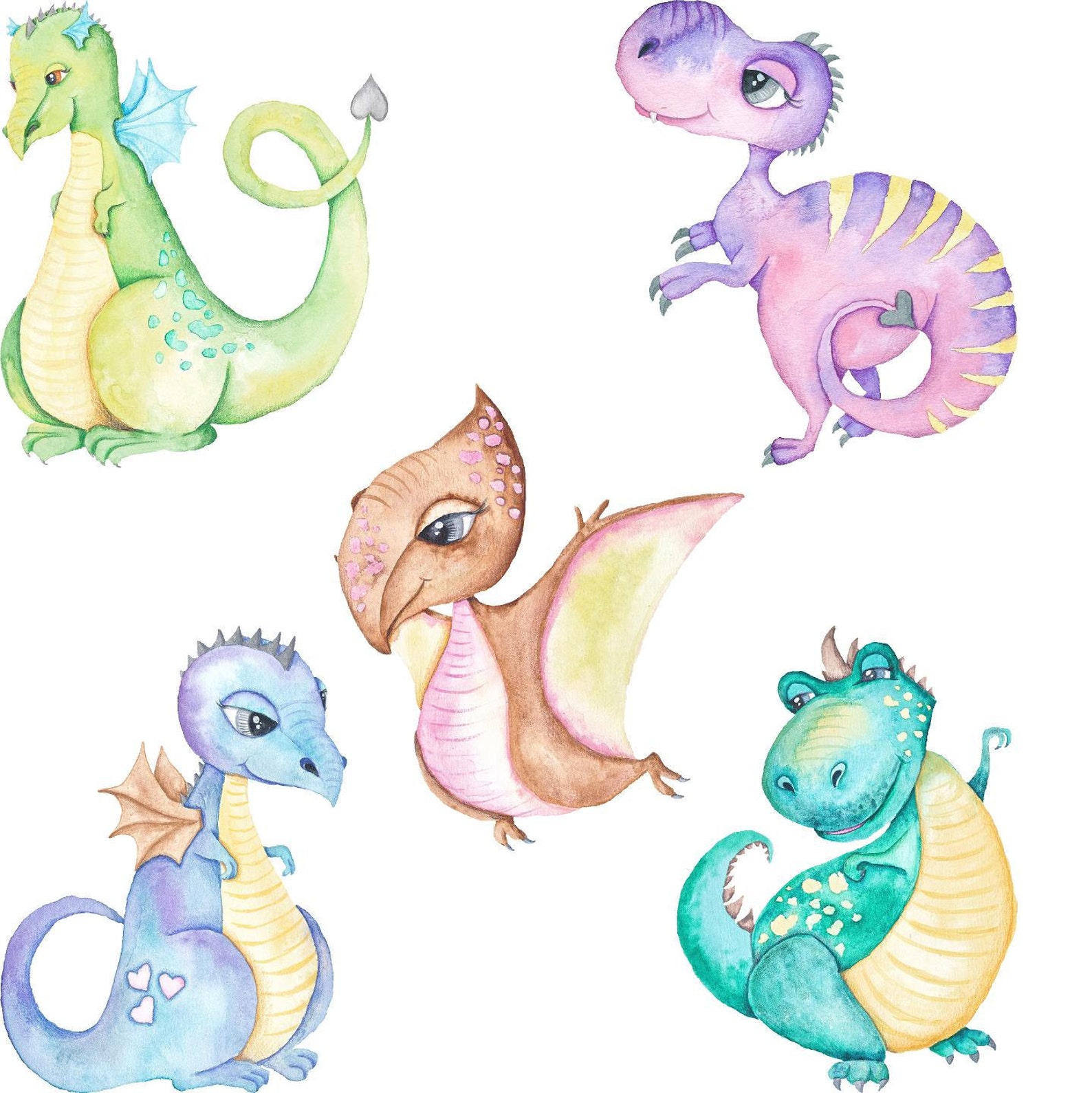Dinos & Dragons Wall Decal Set Watercolor Dinosaurs Cute | Etsy