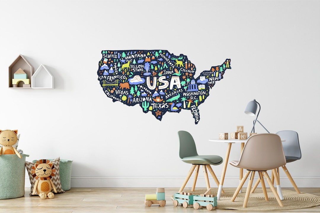 United States Cartoon Map #2 Wall Decal Travel USA Large America State ...