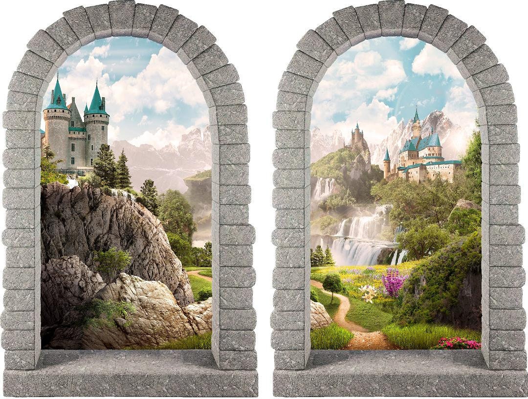 Path to Fairytale Castle Waterfall Mountains | Castle Window 3D Wall ...