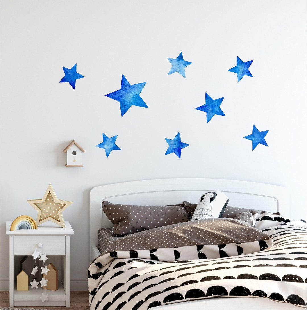 Watercolor Blue Star Wall Decal Set, Stars Wall Stickers, Cute Blue ...