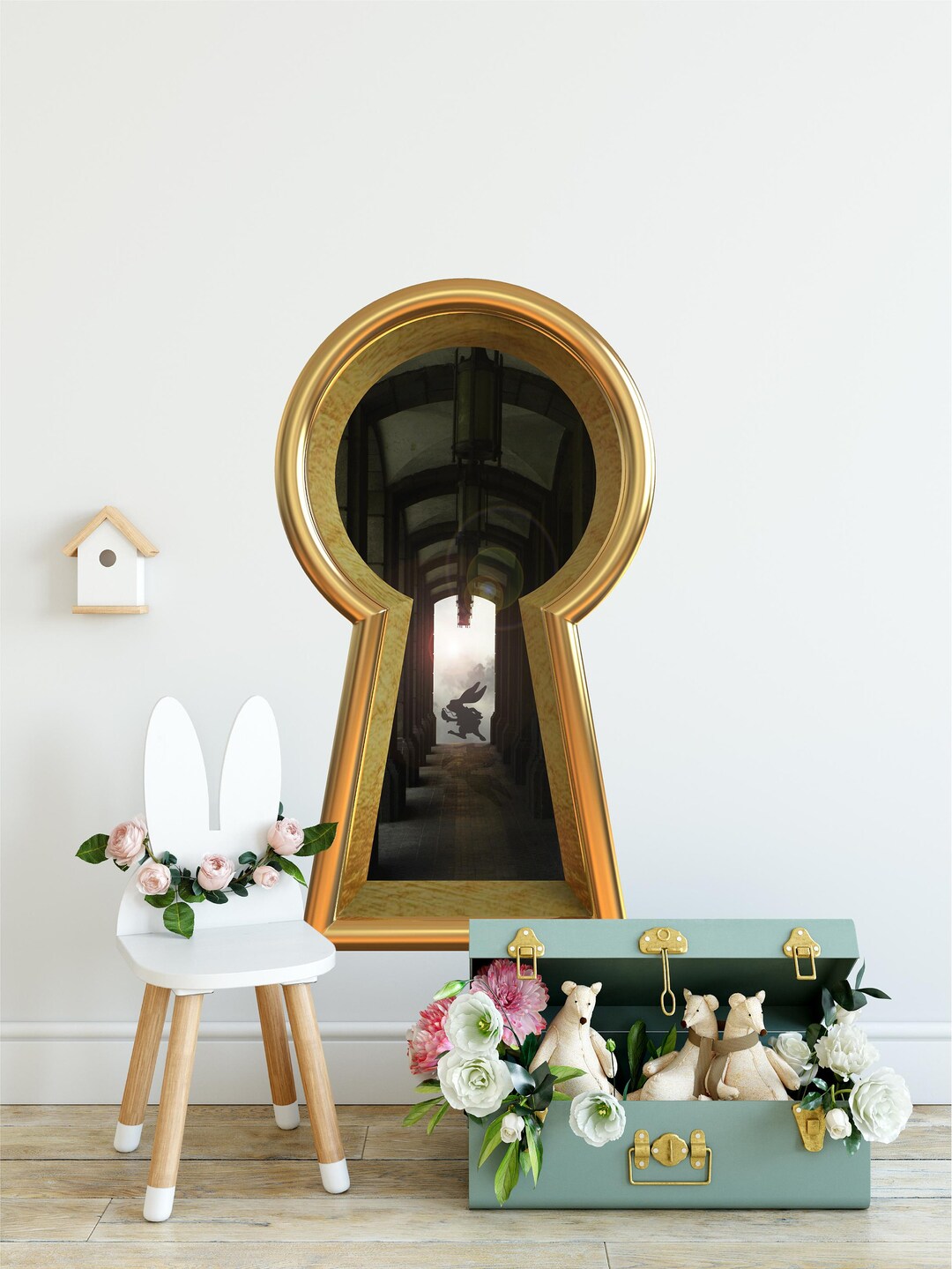 Rabbit Running Late Keyhole Wall Decal White Rabbit Wonderland ...