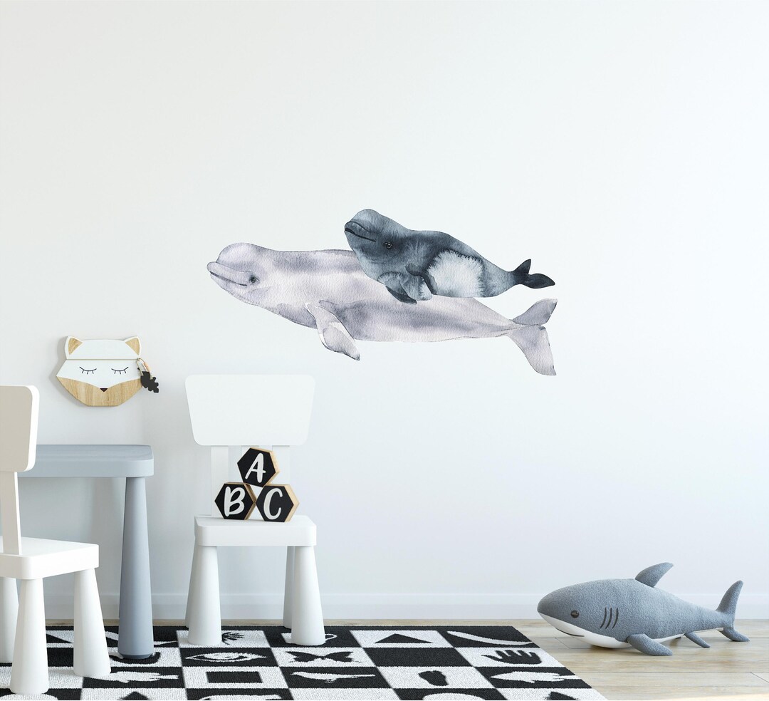 Watercolor Beluga & Baby Wall Decal Ocean Sea Life Removable Fabric ...