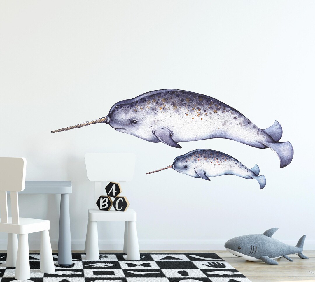 Narwhal Whales Fabric Wall Decal Mother & Baby | Ocean Nursery Decor ...