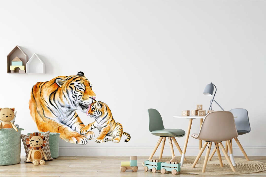 Mother Tiger Cleaning Baby Cub Wall Decal Safari Animal Peel & Stick ...