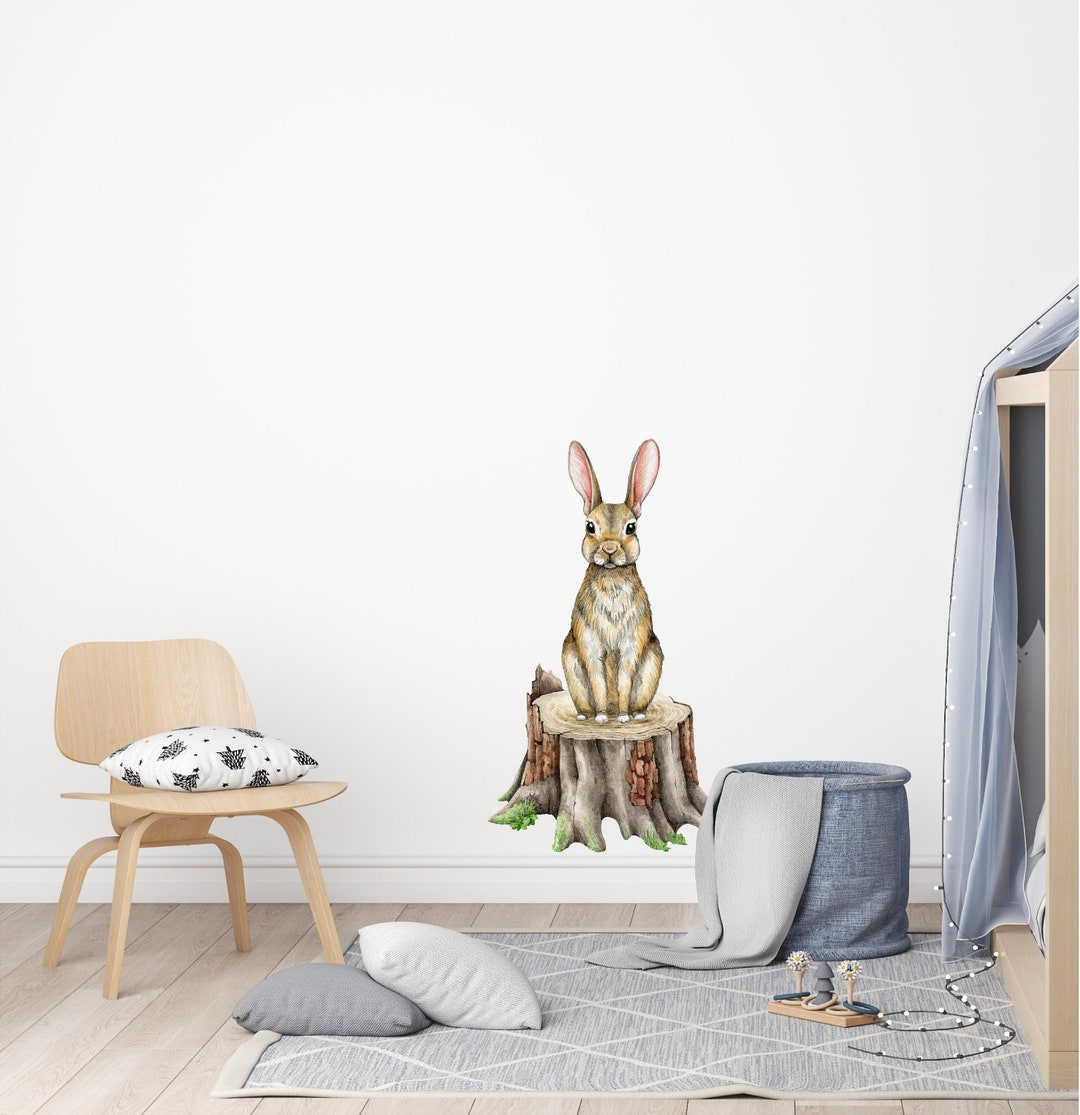 Rabbit Sitting on Tree Stump Wall Decal Woodland Forest Animal ...