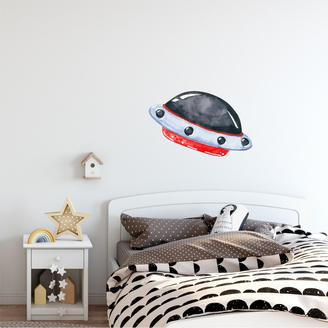 Watercolor UFO Alien Spaceship Wall Decal Spacecraft Wall Sticker Outer ...