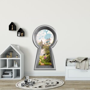 3D Keyhole Fabric Wall Decal - Fairytale Castle Waterfall Mountain ...