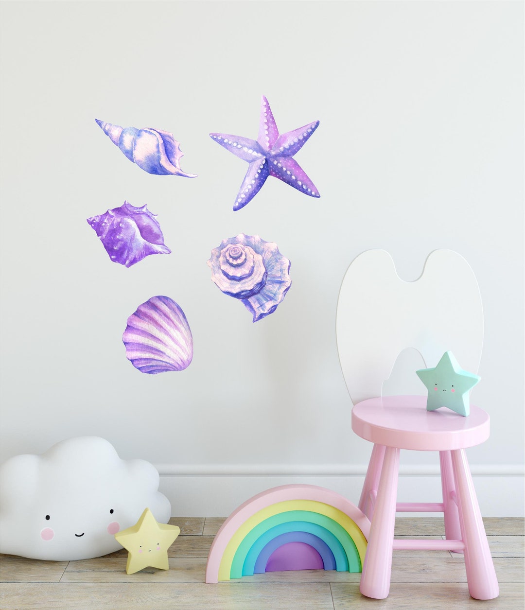 Watercolor Purple Seashells & Starfish Set Wall Decal Set of 5 Ocean ...