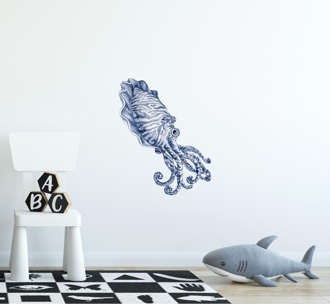 Navy Blue Cuttlefish Wall Decal Ocean Deep Sea Tropical Fish Removable ...