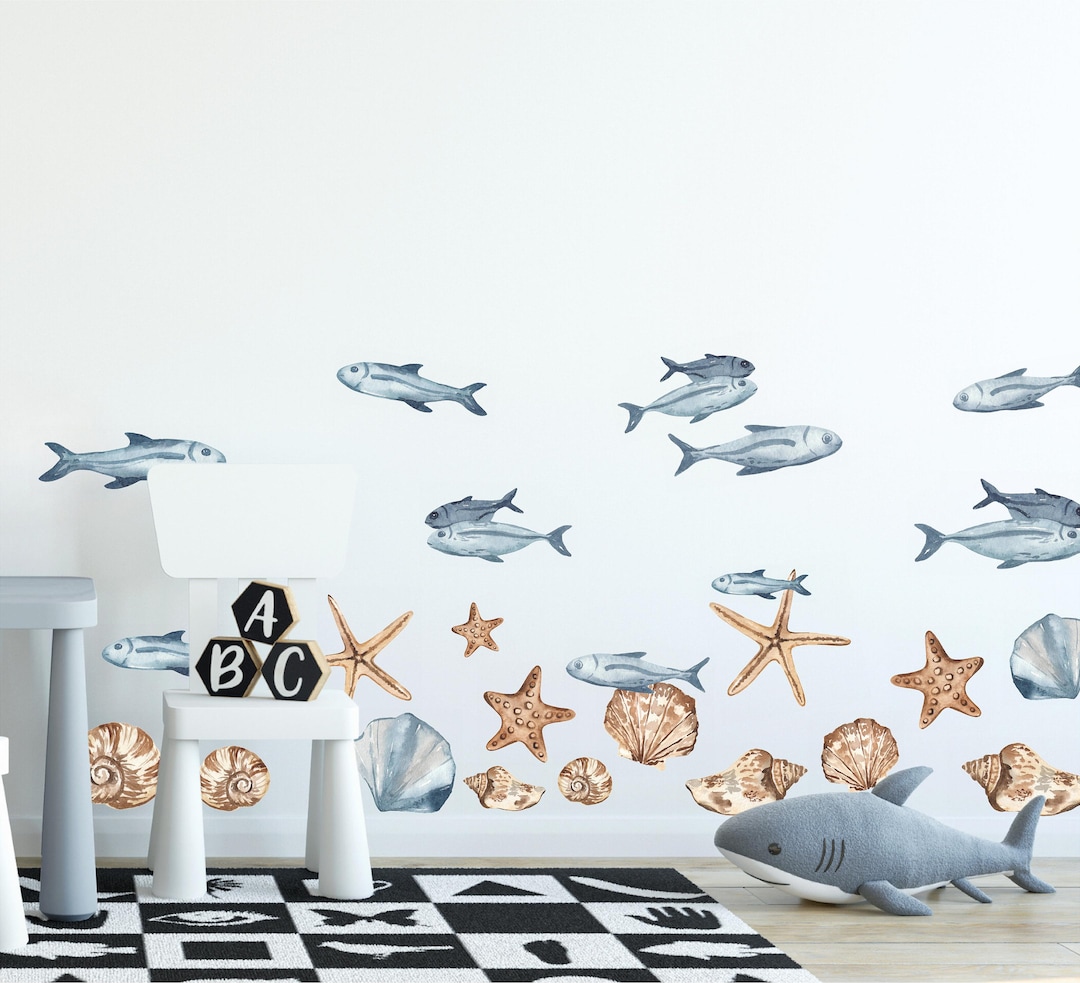 Marine Sea Life Wall Decal Set • Fish, Starfish, Seashells • Underwater ...