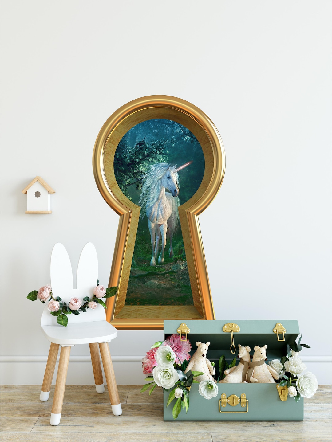 3d Keyhole Fabric Wall Decal - Unicorn in Enchanted Dark Forest - 3D ...