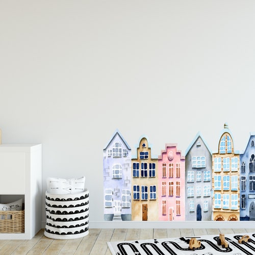 Watercolor Houses 3 Wall Decal Removable Fabric Colorful - Etsy