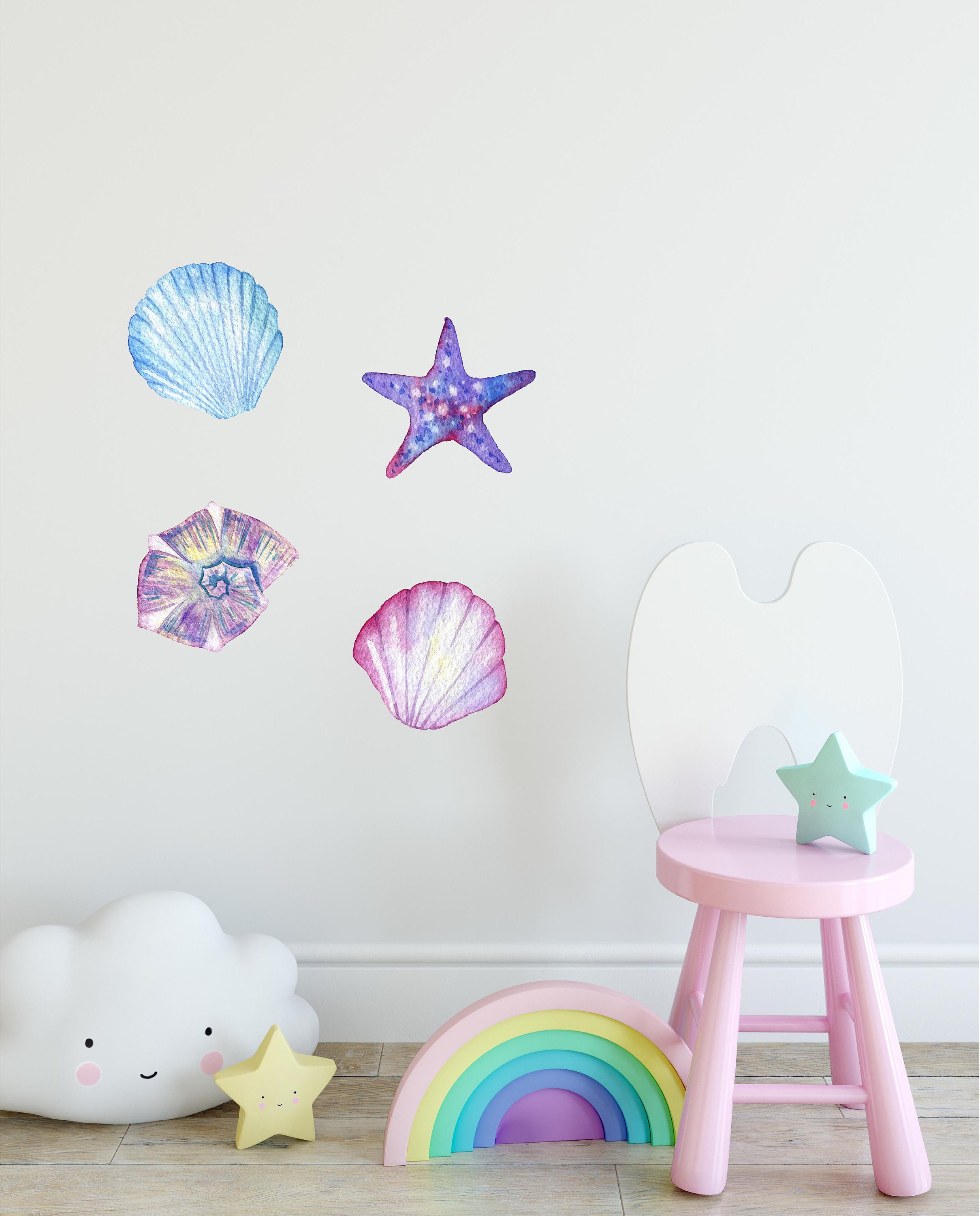 Watercolor Seashells & Starfish Wall Decal Set of 4 Ocean Wall | Etsy