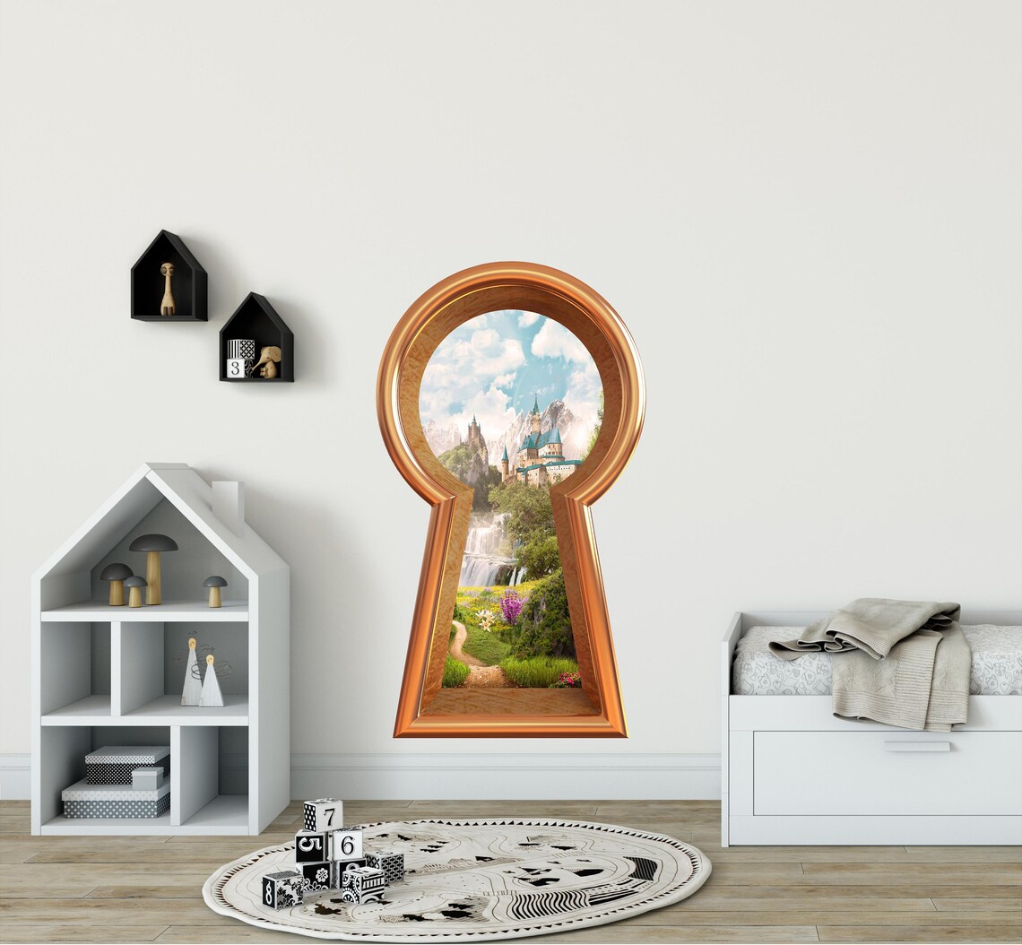 3D Keyhole Fabric Wall Decal - Fairytale Castle Waterfall Mountain ...