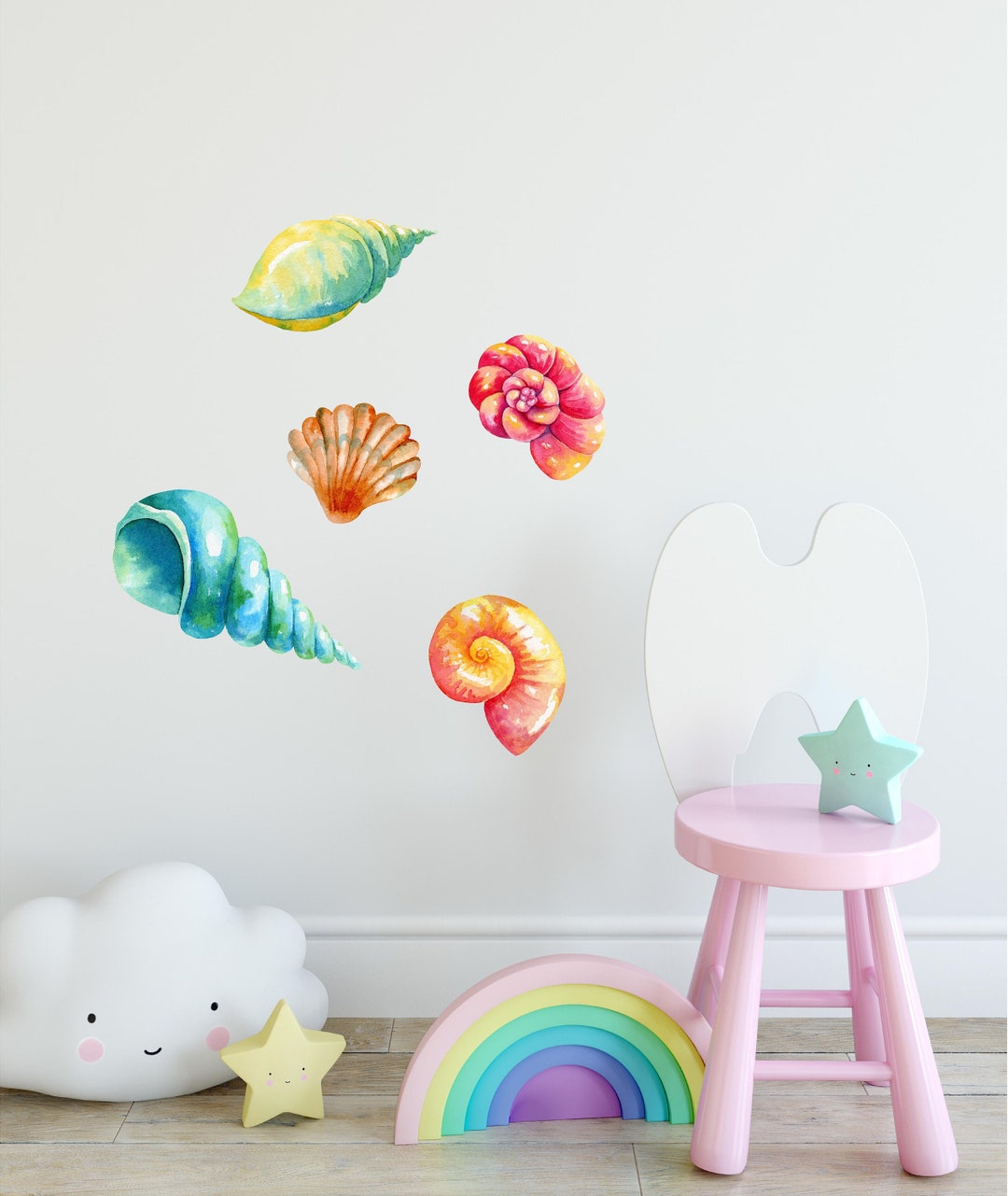 Colorful Seashells Set Wall Decal Set of 5 Watercolor Wall Sticker ...