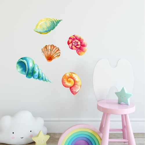 Colorful Seashells Set Wall Decal Set of 5 Watercolor Wall | Etsy