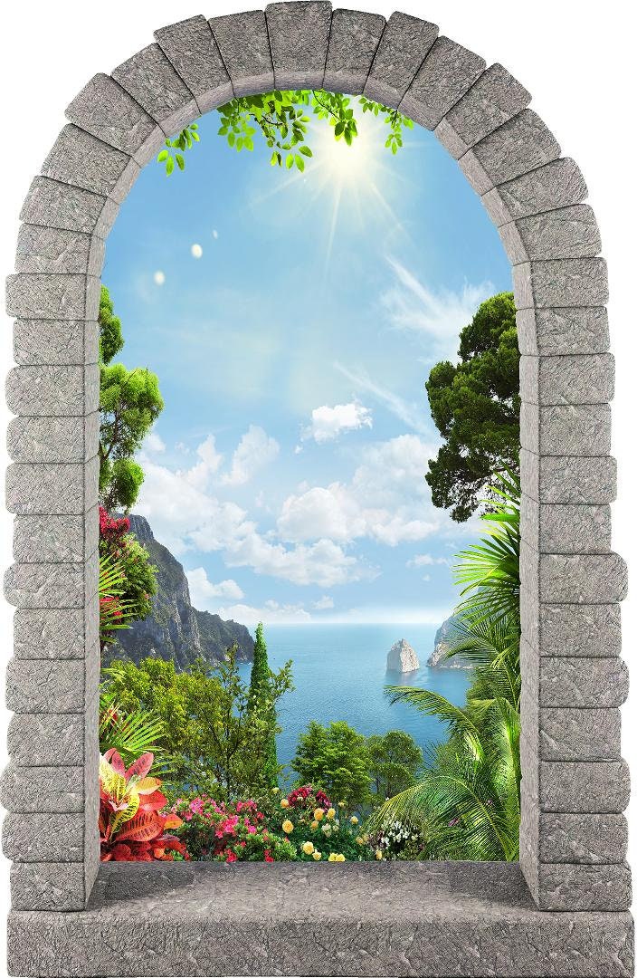 Rounded Stone Castle Window Wall Decal Tropical Island Sea View Ocean ...