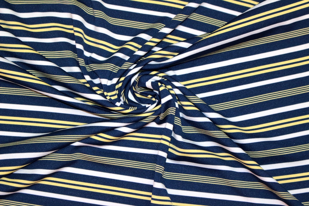 Fabric Stretch Stripe Print Navy Gold White Vintage Nylon Spandex 4 Way ...