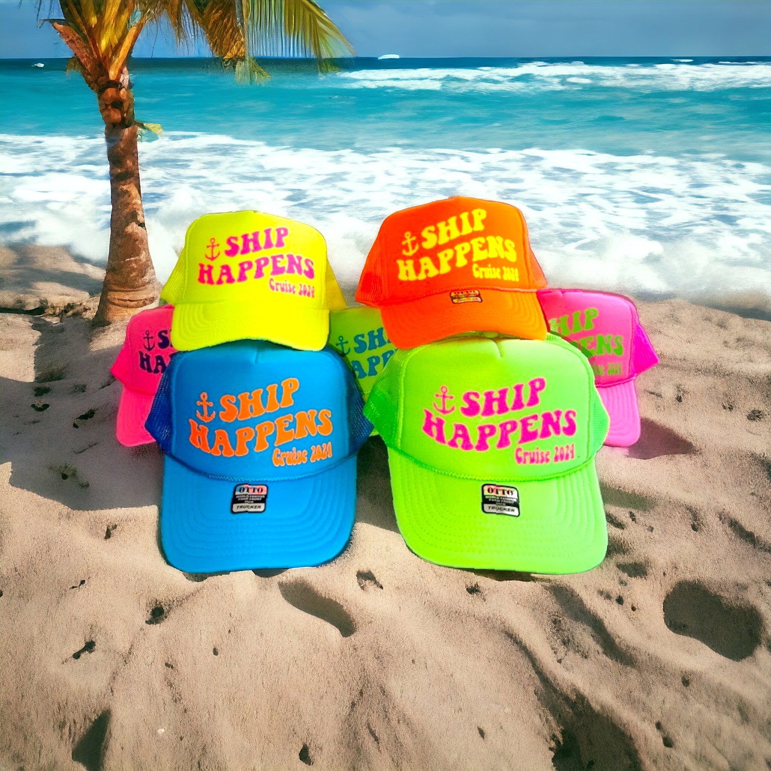 Ship Happens Cruise Trucker Hat, Neon Beach Vacation - Etsy