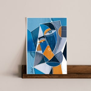 Blue Faces Abstract Art, Large Wall Art Print, Living Room Art, Neutral ...