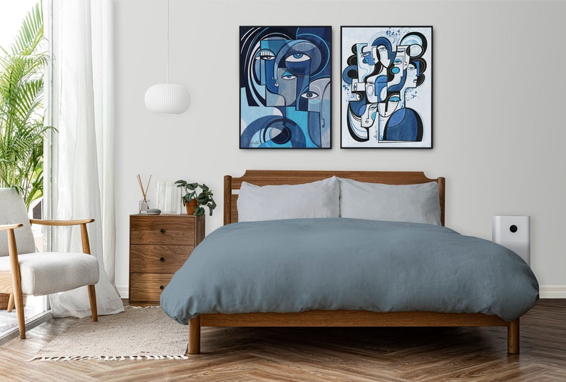 Blue Faces Abstract Art Prints: Modern Cubist Set of 2 - Etsy