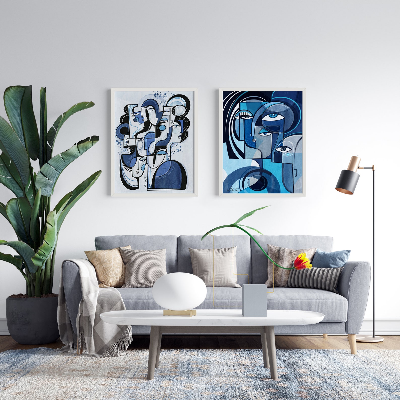 Blue Faces Abstract Art Prints: Modern Cubist Set of 2 - Etsy