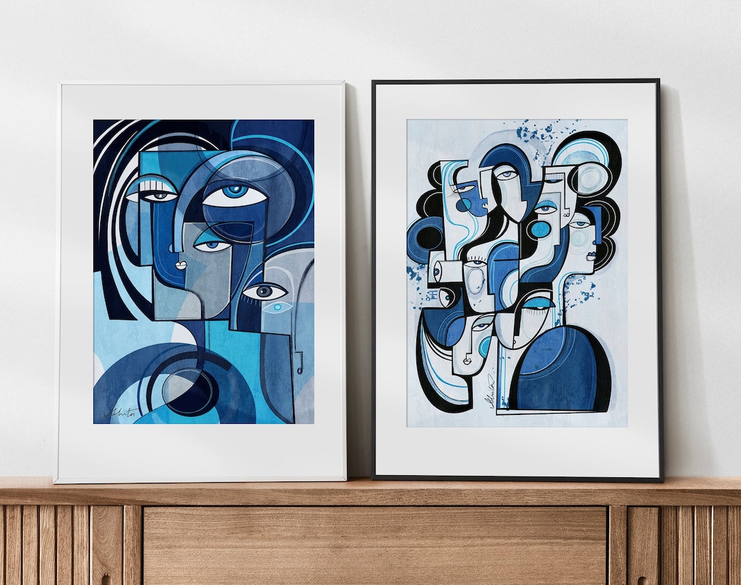 Blue Faces Set of 2, Modern Abstract Art, Blue Art Prints, Faces ...