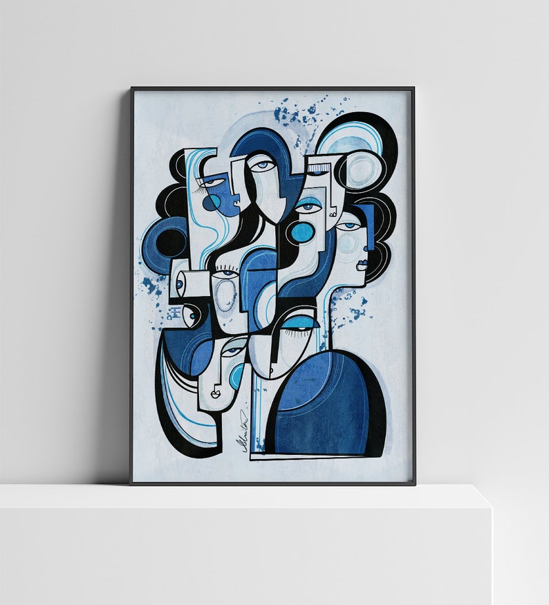 Blue Faces Abstract Art Prints: Modern Cubist Set of 2 - Etsy