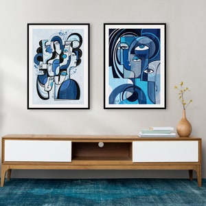 Blue Faces Set of 2, Modern Abstract Art, Blue Art Prints, Faces ...