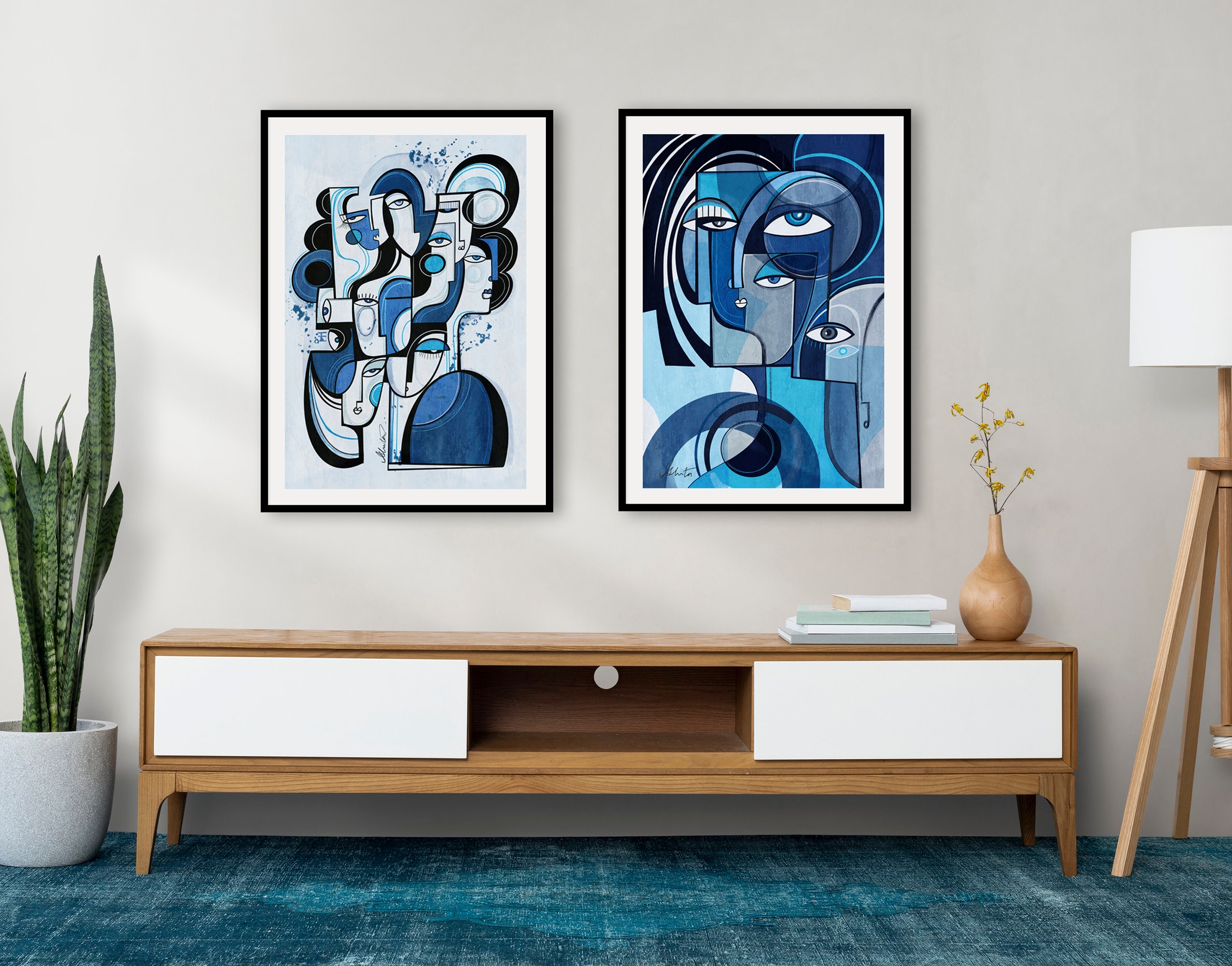 Blue Faces Abstract Art Prints: Modern Cubist Set of 2 - Etsy