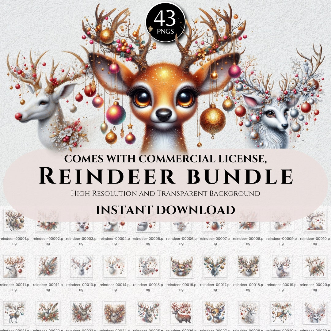 Christmas Reindeer Clipart Bundle, 43 PNG Files, High-resolution ...