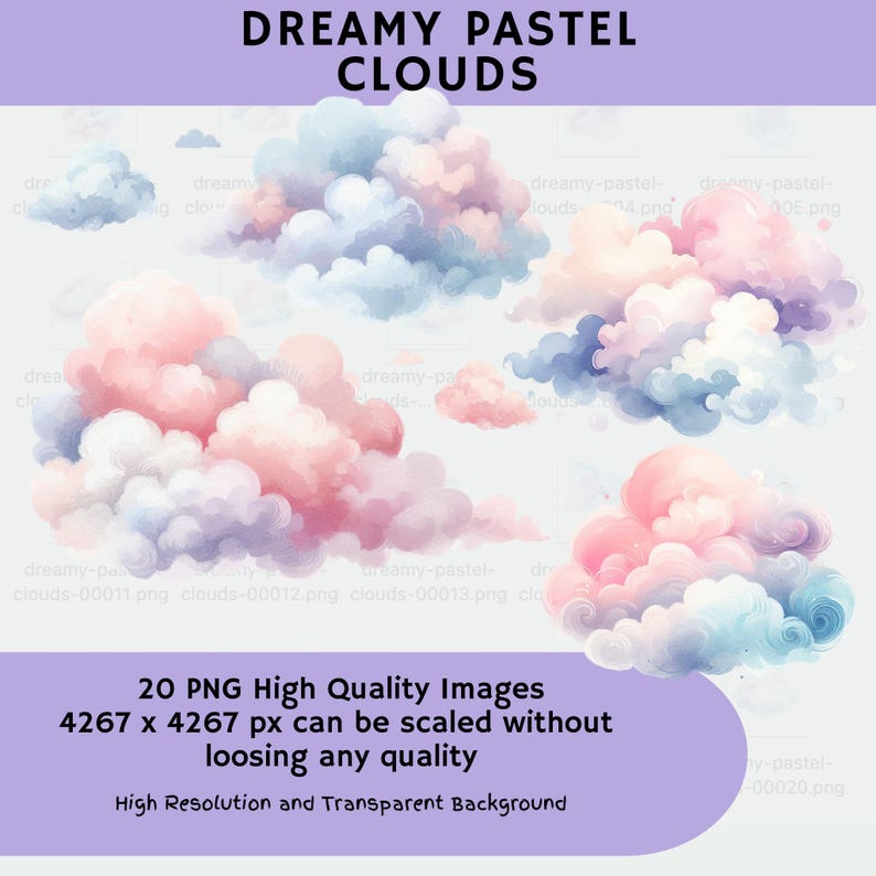 Pastel Cloud Clipart PNG | Watercolor Sky Backgrounds | Dreamy ...