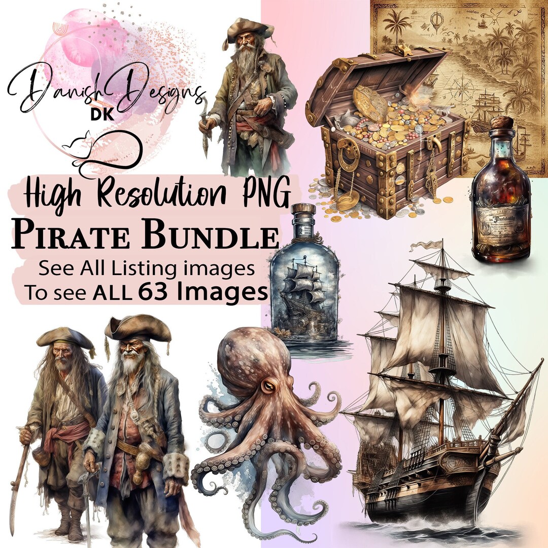 Pirates Clipart Bundle - 63 Magical Watercolor Images - Treasure Map ...