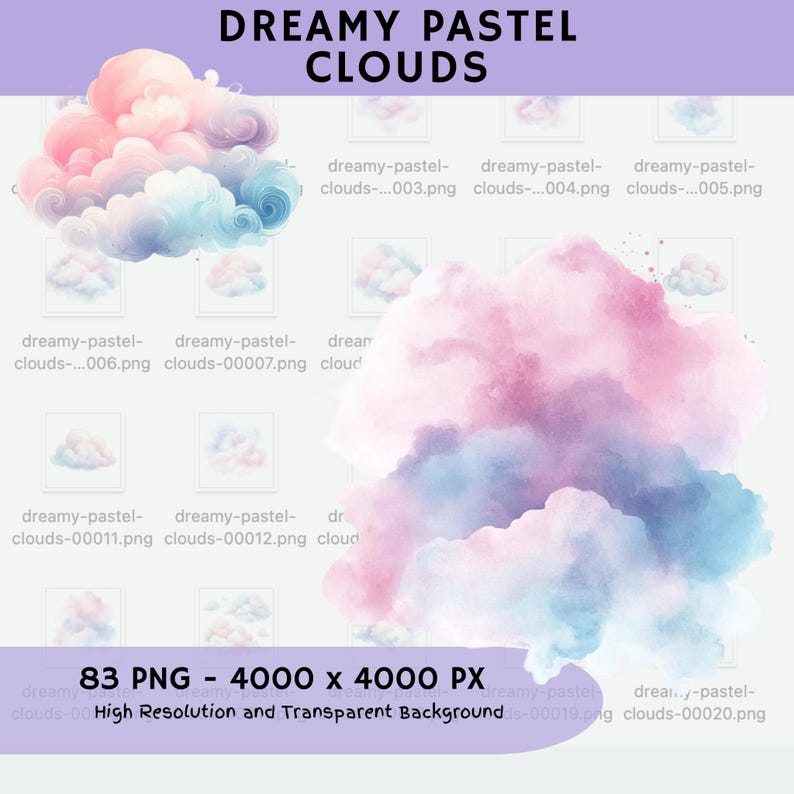 Pastel Cloud Clipart PNG | Watercolor Sky Backgrounds | Dreamy ...