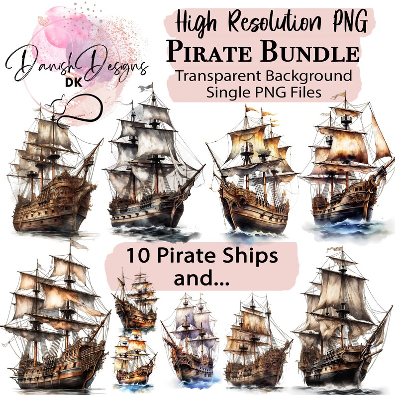 Watercolor Pirate Clipart Bundle – Mystical Piratescape, 63 PNG Images ...