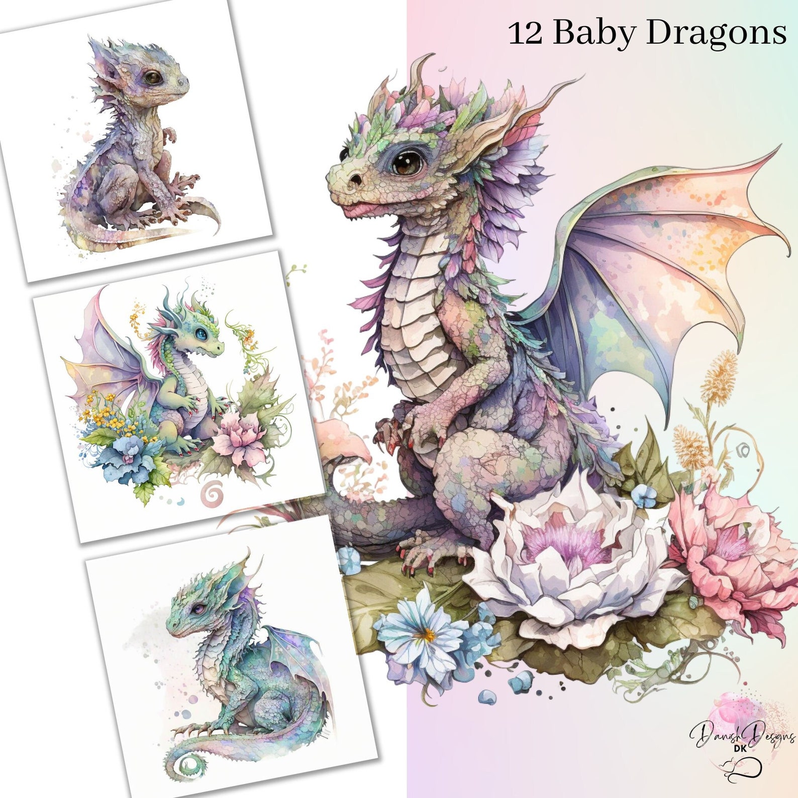 Whimsical Baby Dragon Animals, Dragon Clipart, Watercolor Clipart Set ...