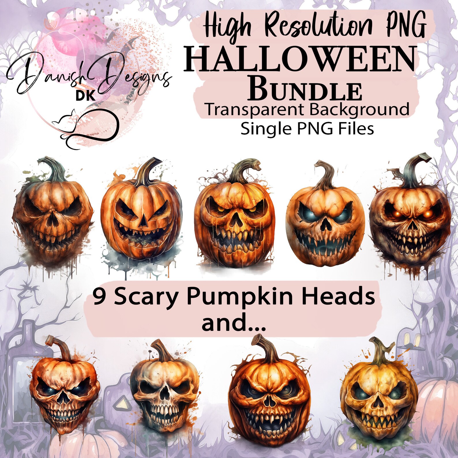 Spooky Halloween Clip Art Bundle, 54 Spooky Watercolor Images - Pumpkin ...