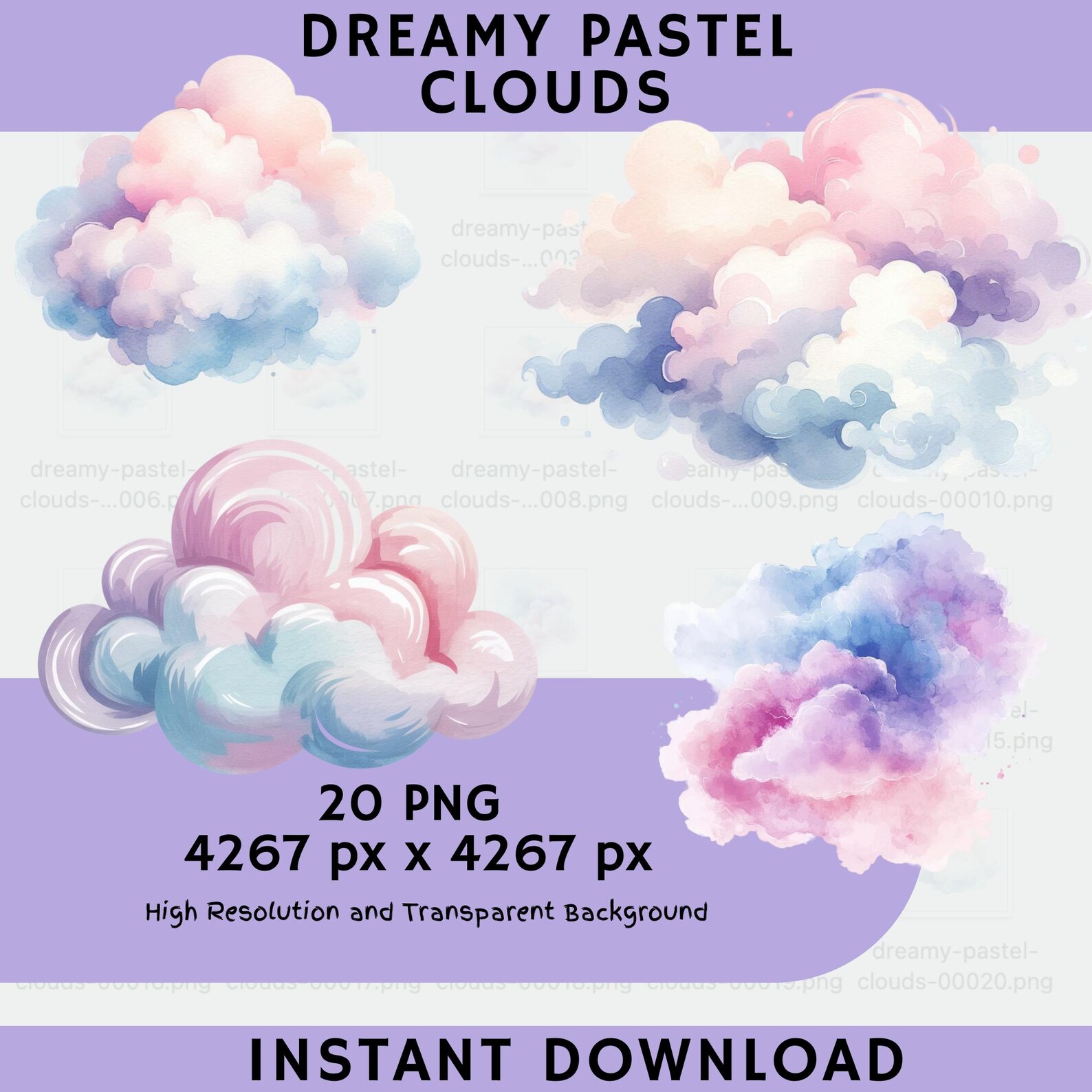 Pastel Cloud Clipart PNG | Watercolor Sky Backgrounds | Dreamy ...