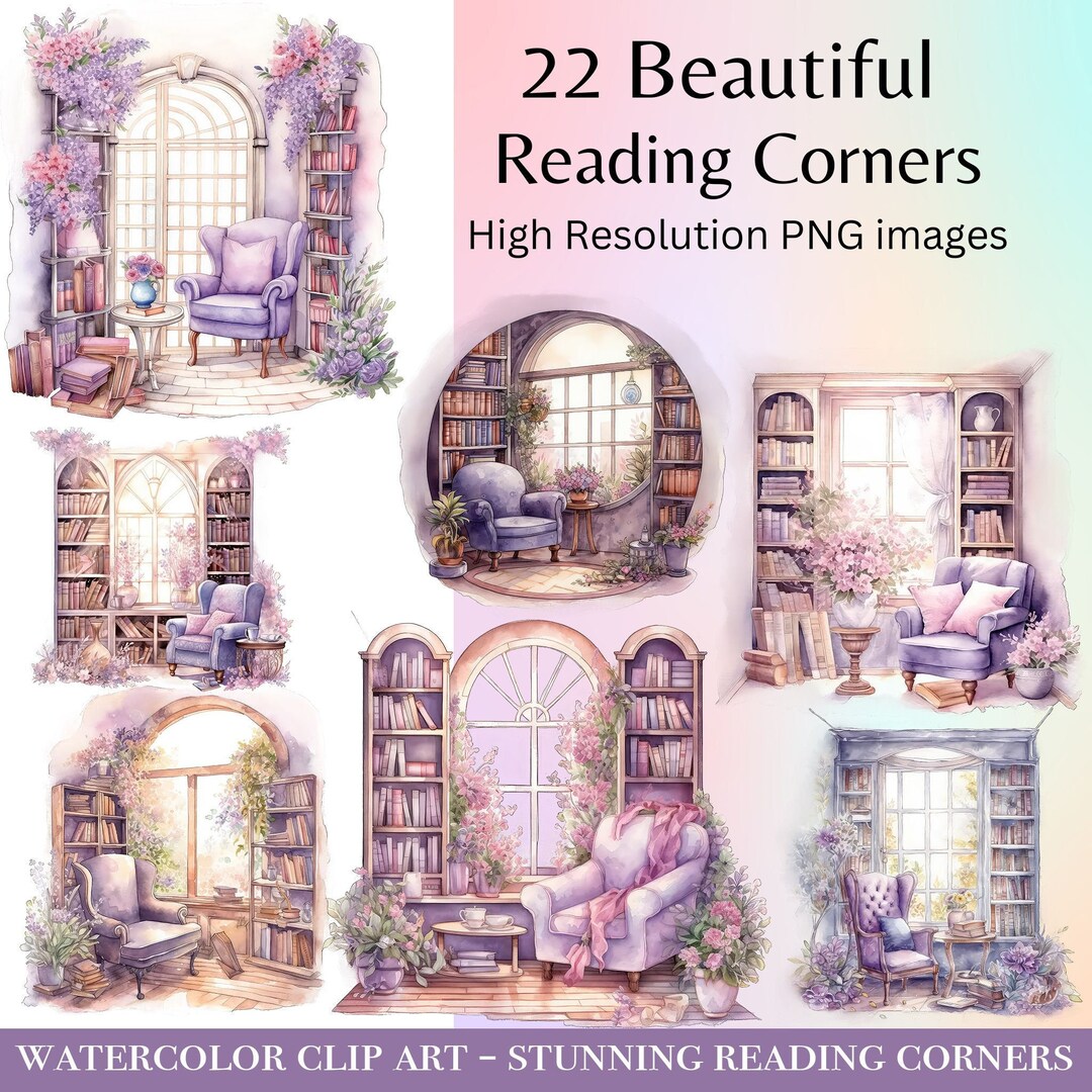 Watercolor Cozy Reading Corner Planner Clipart Bundle, Book Nook PNG ...