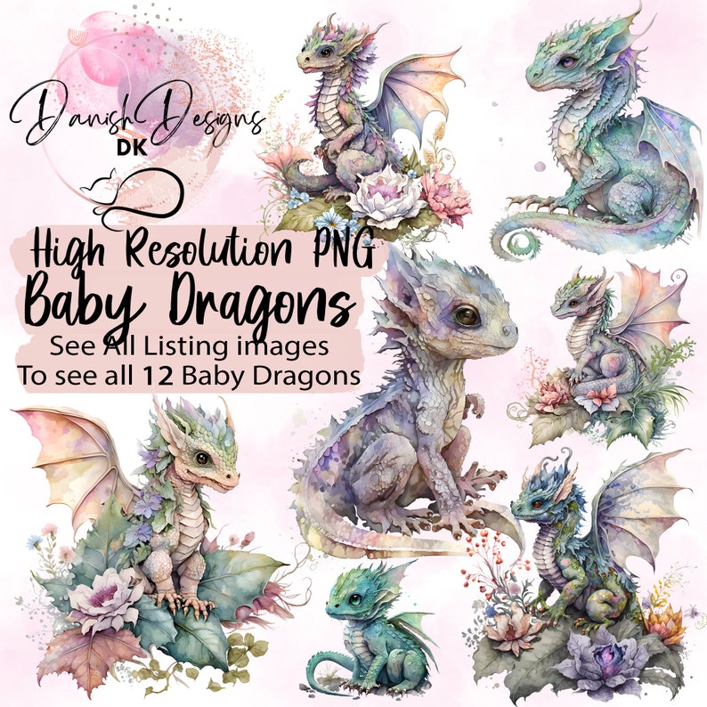 Whimsical Baby Dragon Animals, Dragon Clipart, Watercolor Clipart Set ...