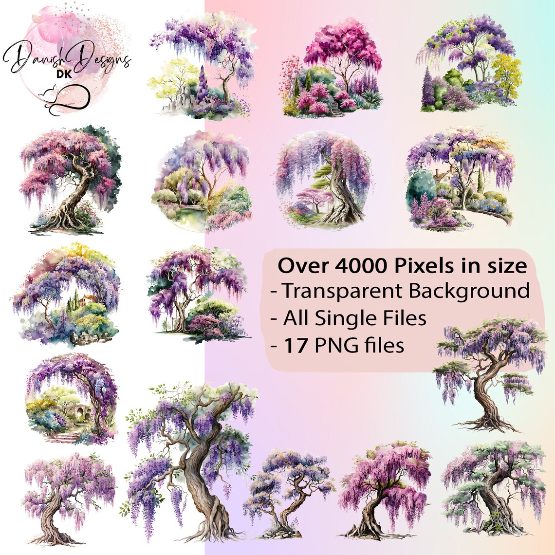 Watercolor Wisteria Tree Clipart Bundle, Wisteria PNG Files, Digital ...