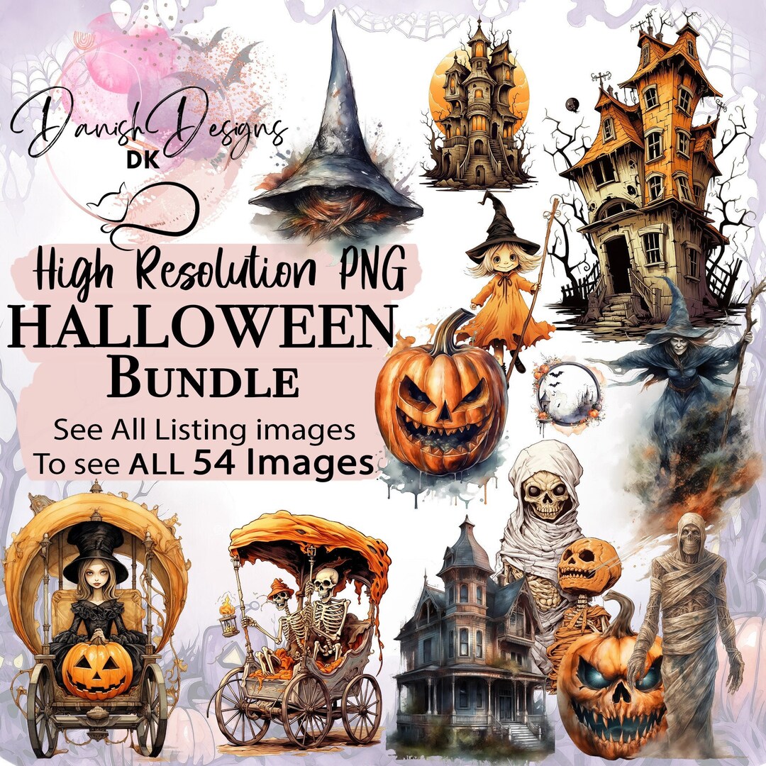 Spooky Halloween Clip Art Bundle, 54 Spooky Watercolor Images - Pumpkin ...