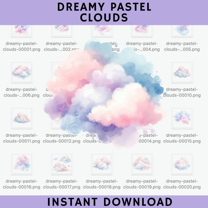 Pastel Cloud Clipart PNG | Watercolor Sky Backgrounds | Dreamy ...