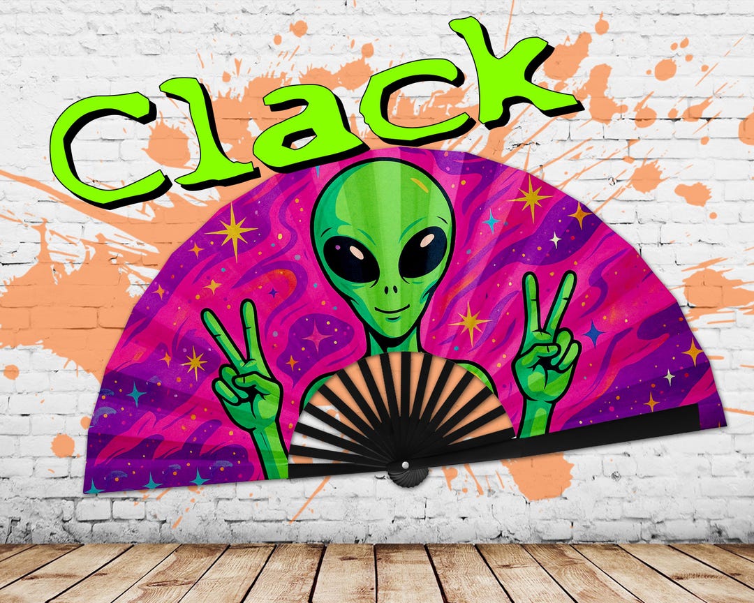Trippy Alien Rave Fan, Summer Festival Accessories, Peace Sign Hand Fan ...
