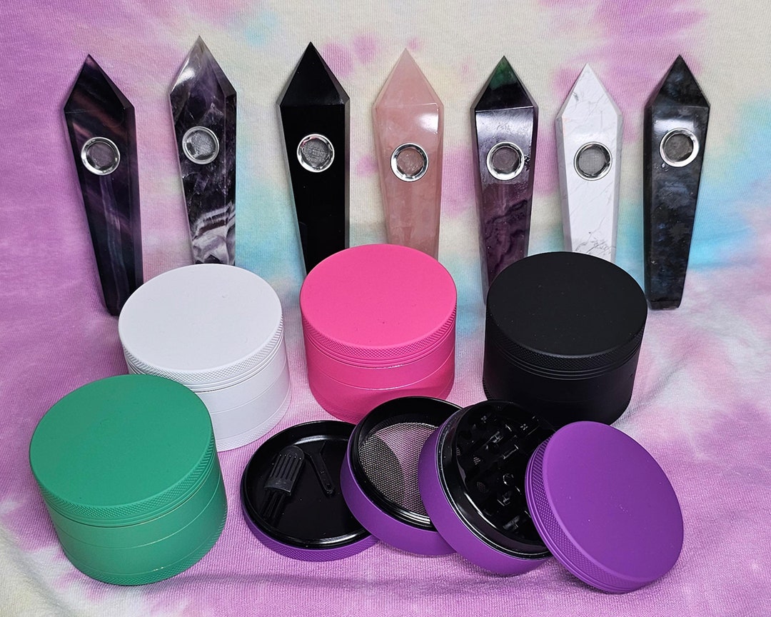Set of Herb Grinder and Gemstone Pipe, Crystal Pipe and Matte Finish ...