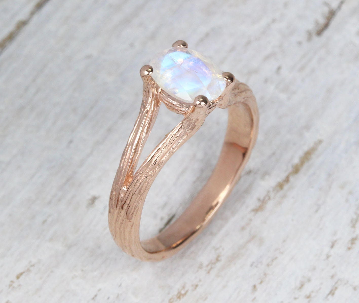 Nature Moonstone Engagement Ring Rose Gold Twig Rainbow | Etsy