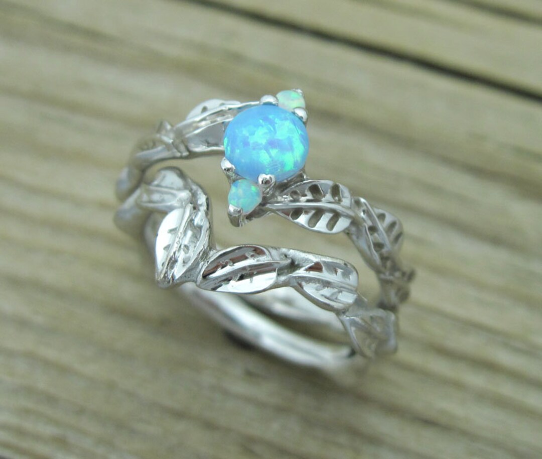 Opal Wedding Set, Opal Bridal Set, Bridal Leaf Engagement Ring, Opal ...